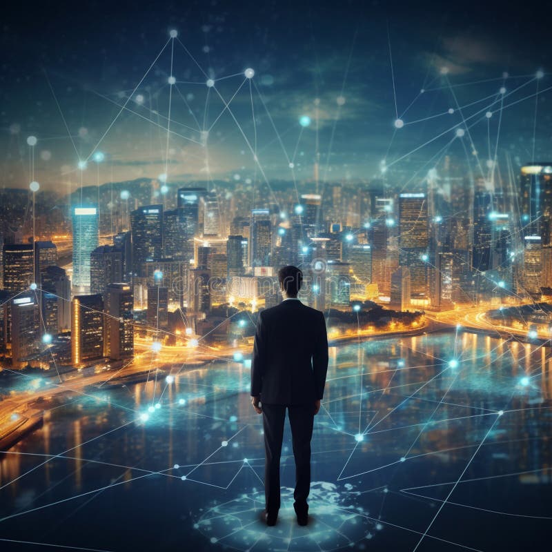 Businessman Standing at Rooftop with Smart Night City View, Big Data ...