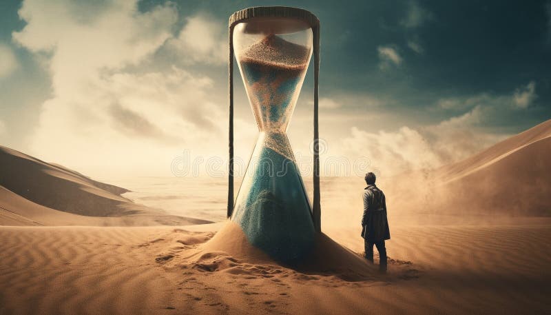 Businessman Standing on Sand Dune Holding Timer, Watching Sunset ...