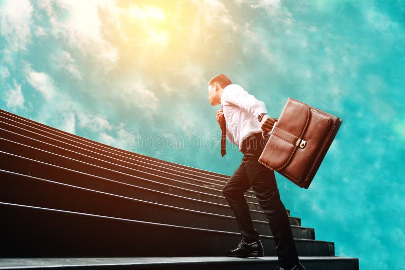 Businessman Standing on Stair and Moving To Sky Future. Stock Photo ...