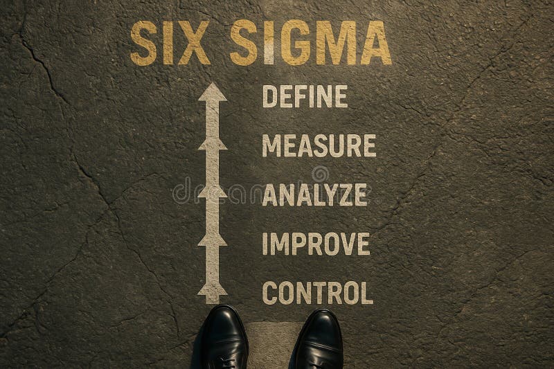 Businessman Standing on Textured Stone Floor with Six Sigma Process ...