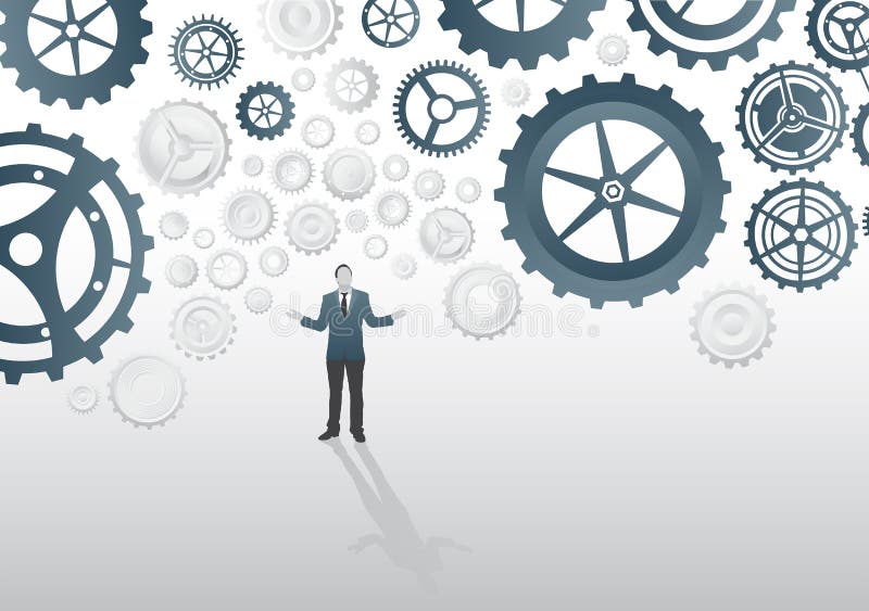 Businessman Standing Under Cogs and Wheels Stock Vector - Illustration ...