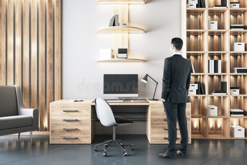 Businessman Standing in Wooden Ceo Office Interior Stock Photo - Image ...