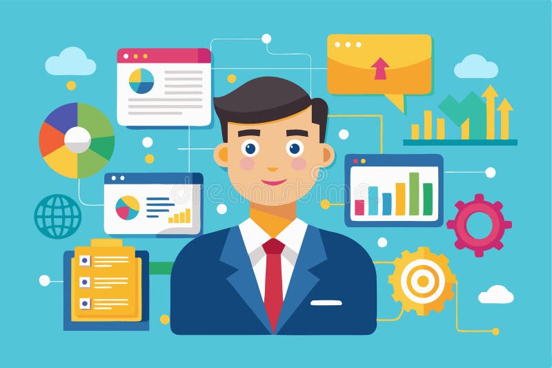 A Businessman Stands Confidently, Engaging with Various Data Visuals ...