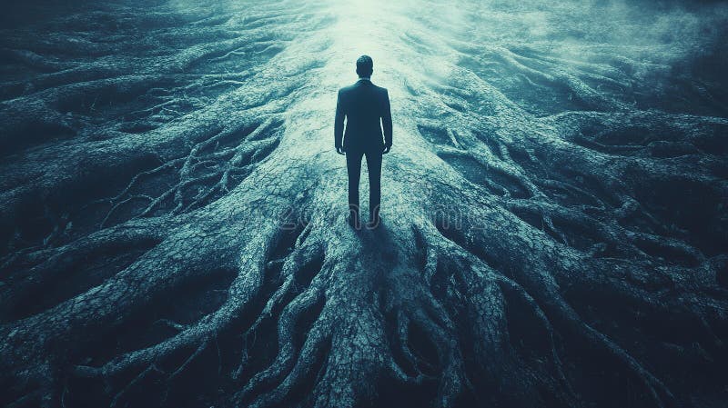 A Businessman Stands at a Crossroads, Symbolized by a Network of Tree ...