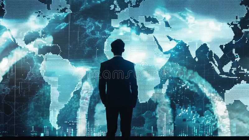 Businessman Observing a Digital World Map on a Large Screen ...