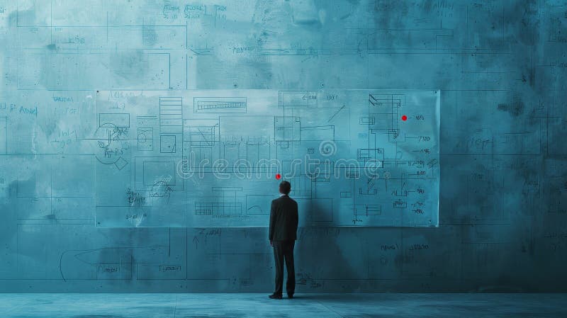 A Businessman Stands in Front of a Large Blueprint on a Wall ...