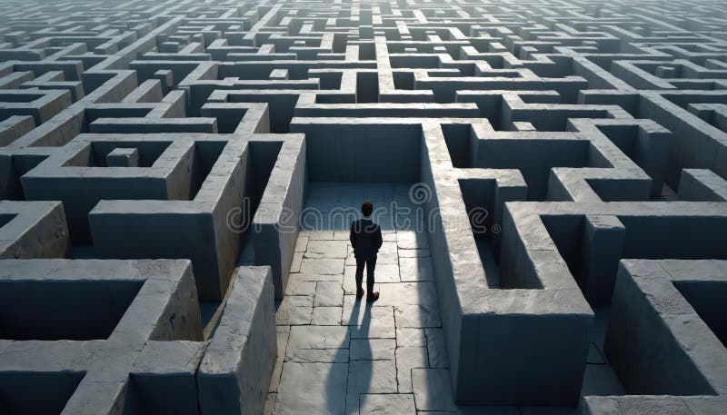Businessman Stands in Large Complex Maze. Looks for Path To Exit. Maze ...