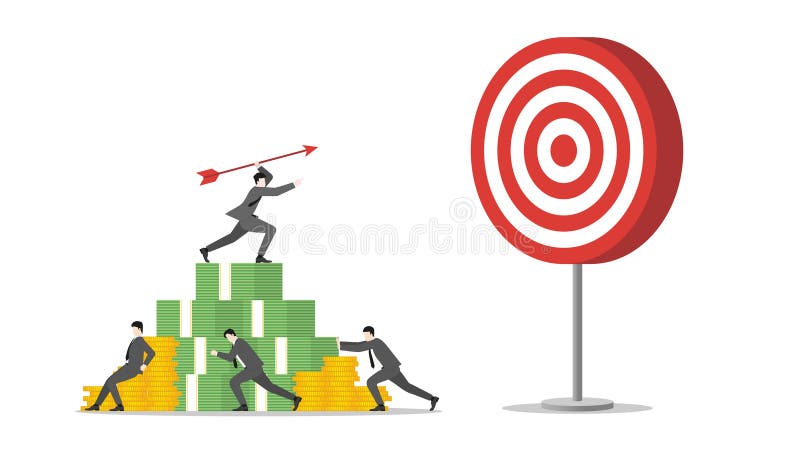 A Businessman Stands on Money Stack, Aiming and Throwing an Arrow To a ...