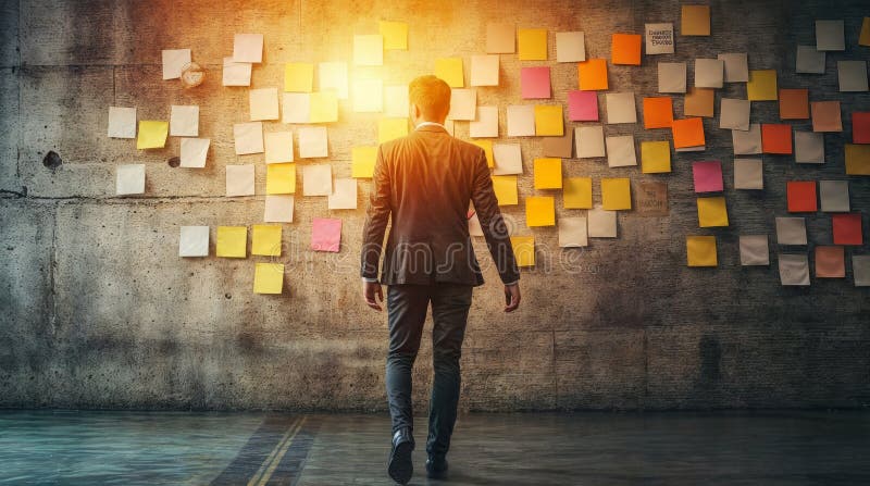 Businessman Stands before a Wall Filled with Colorful Sticky Notes ...