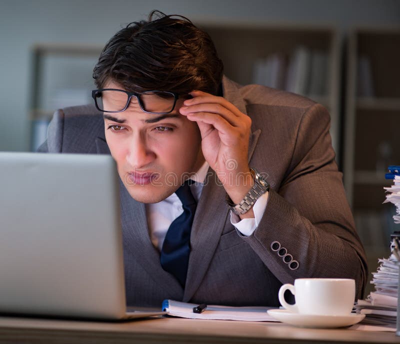Businessman Staying in the Office for Long Hours Stock Image - Image of ...