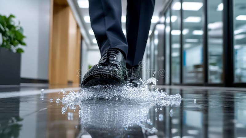 Businessman Steps through Water Puddle in Modern Office Hallway Stock ...