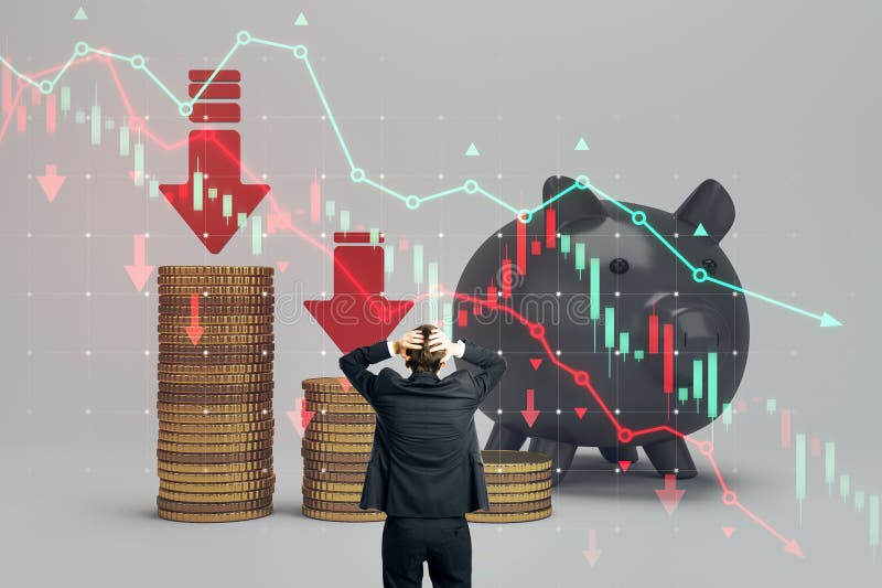 Businessman Stressed Over Financial Crisis with Falling Coins and Stock Market Decline Stock ...