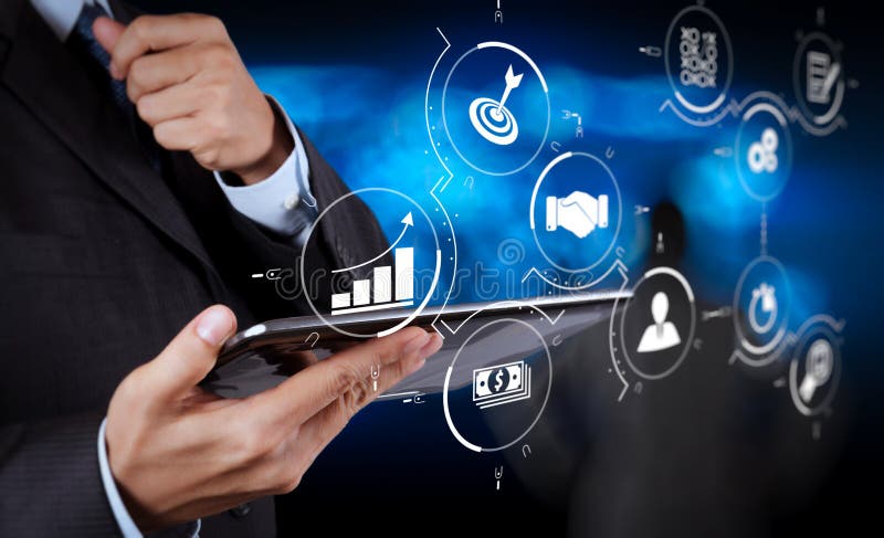 Businessman Success Working Computer Touch Screen with His Team Stock ...