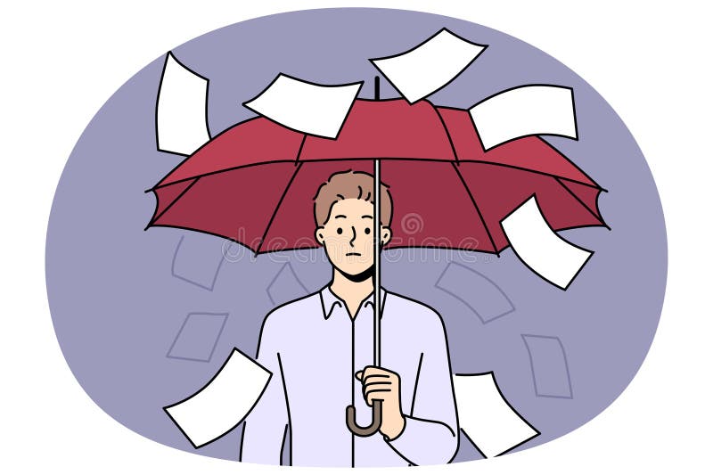 Businessman Suffering from Bureaucracy Standing with Umbrella among ...