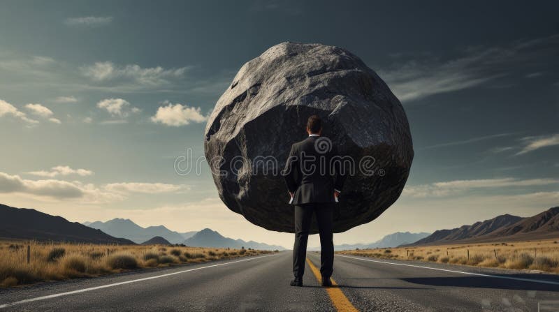 Businessman Facing Giant Boulder Stock Illustration - Illustration of ...