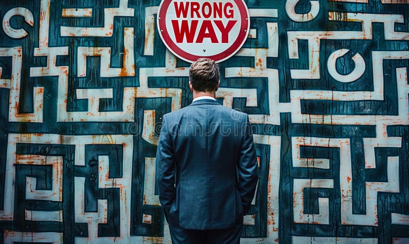 Businessman in a Suit Facing a Wrong Way Sign at the Entrance of a ...