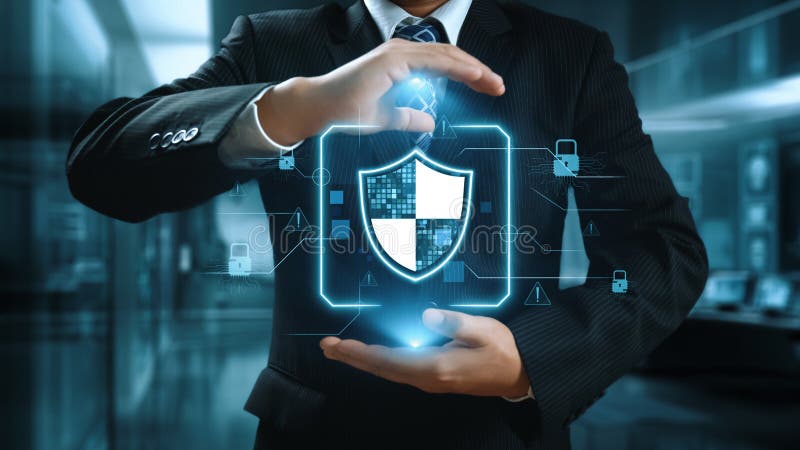 Businessman in Suit Holding Digital Shield Icon Representing Cybersecurity and Data Protection ...