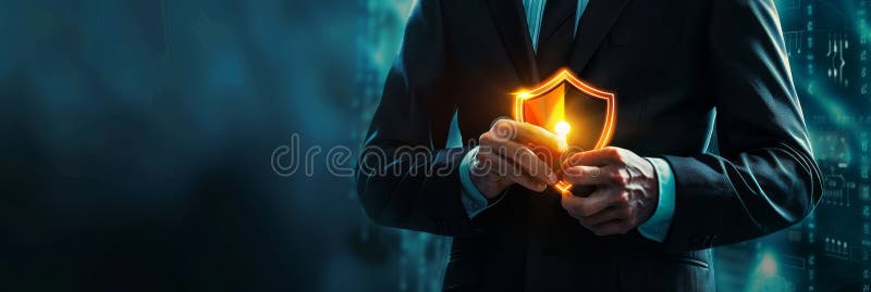 Businessman in a Suit Holding a Glowing Digital Shield,symbolizing the ...