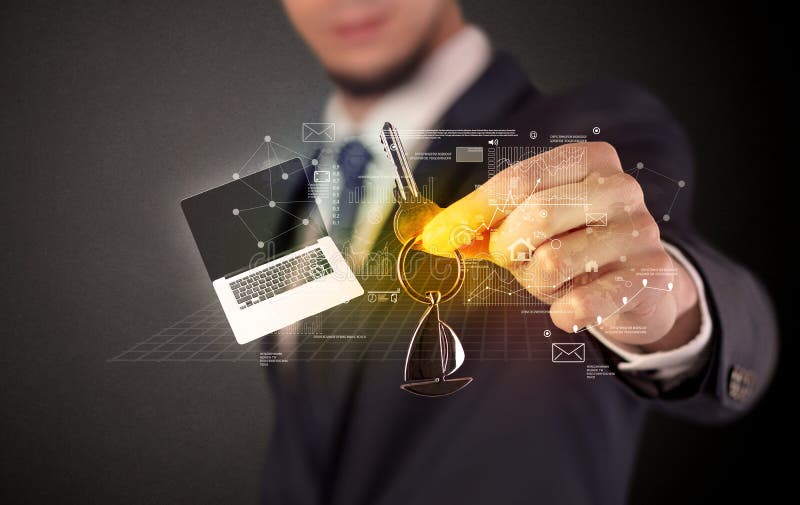 Businessman Holding Keys with Graphs Around Stock Photo - Image of ...