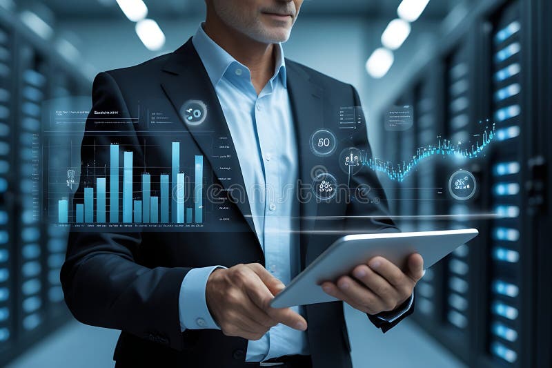 Businessman in Suit Holding Tablet with Data Visualization in Server ...