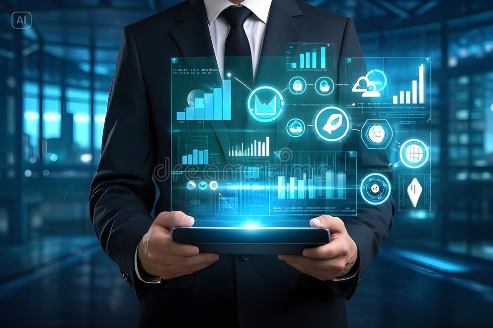 Businessman Interacting with a Holographic Cloud Computing Interface ...