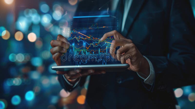 A Businessman in a Suit is Holding a Tablet and Drawing a Graph with a ...