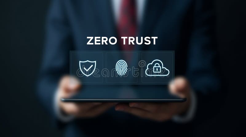Businessman Holding a Tablet with Cybersecurity Icons and Zero Trust ...