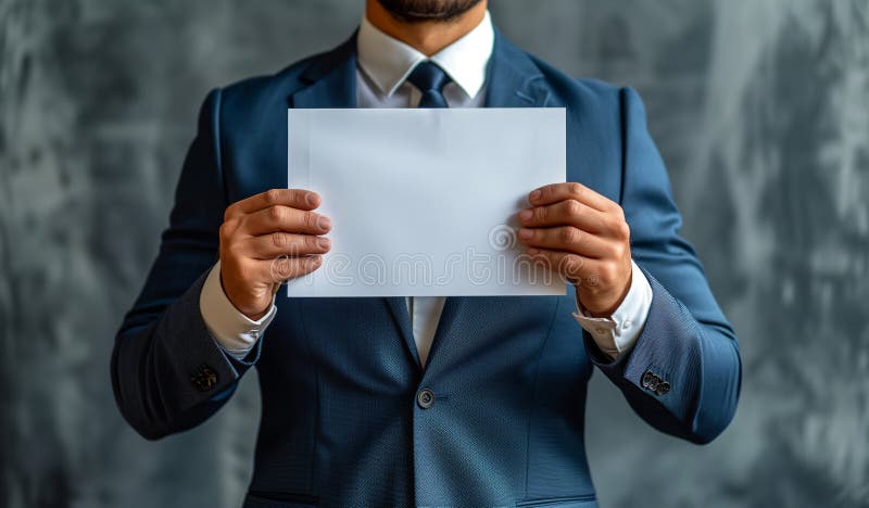 A Businessman in a Suit Holds Up a Blank White Paper, Perfect for ...
