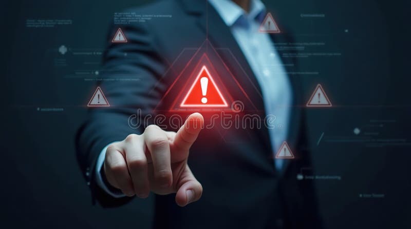 Businessman in Suit Interacting with Digital Warning Interface Stock ...