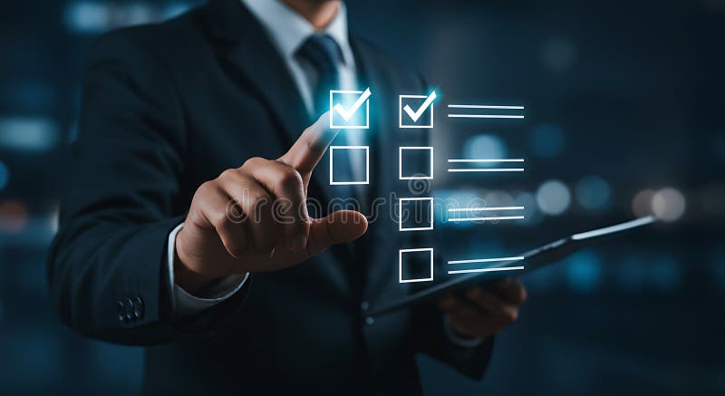Businessman Completing Checklist Tapping Virtual Screen for Success ...