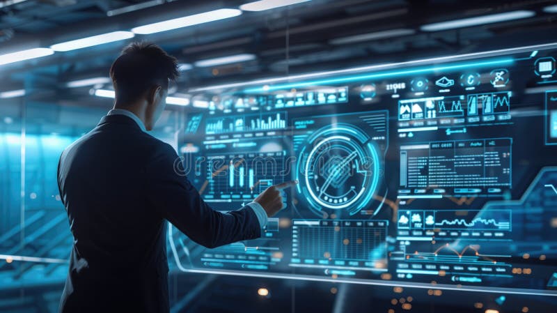 Businessman in a Suit Interacts with Futuristic Digital Interface ...