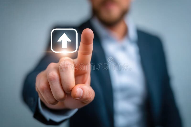 Businessman Pressing Upward Arrow Icon To Indicate Progress in Digital ...