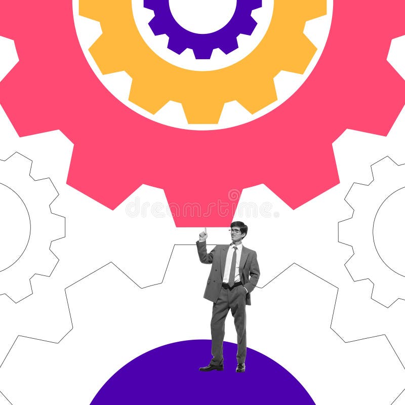 Businessman in Suit Pointing Upwards, Surrounded by Overlapping Gears ...