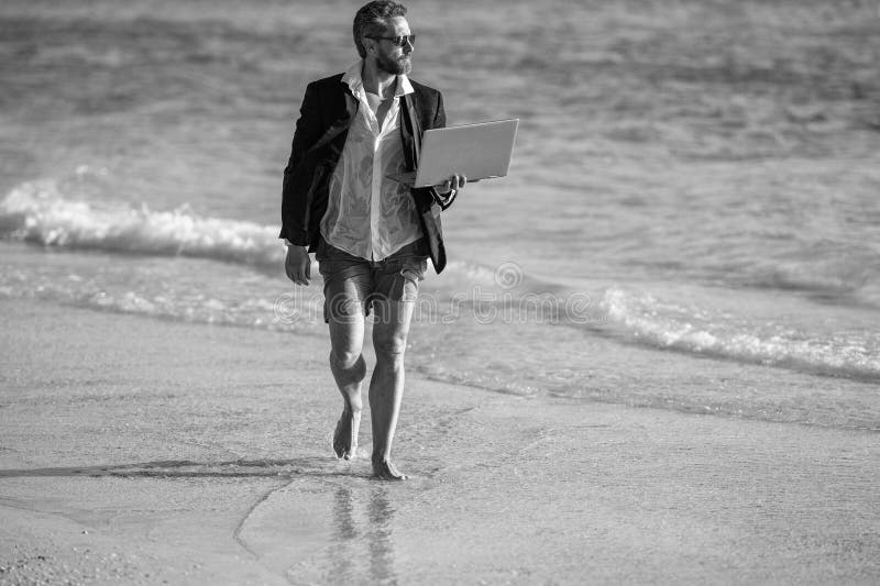 Businessman in Suit Remote Working on Laptop during the Weekend and ...