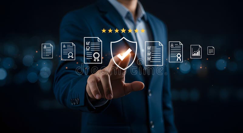 A Businessman Interacting with Digital Shield and Document Icons ...