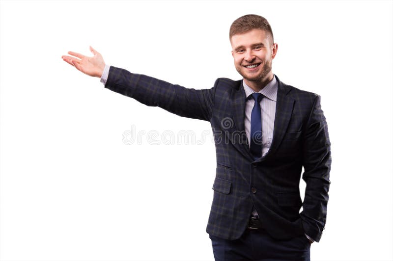 Businessman in Suit Smiling and Showing Hand Stock Image - Image of ...
