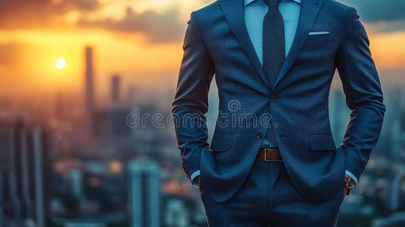 A Businessman in a Suit Stands Against a Stunning Sunset Skyline ...