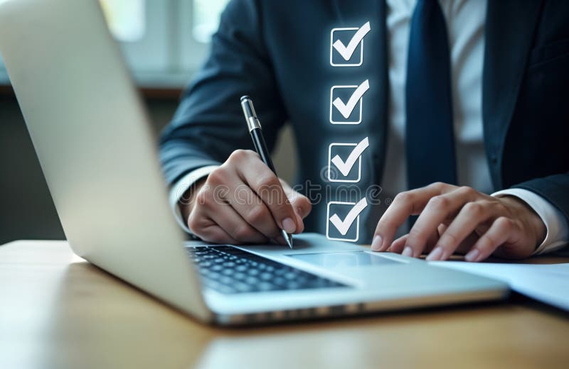 Businessman in Suit Ticks Checkboxes on Laptop. Marks Correct Signs on ...