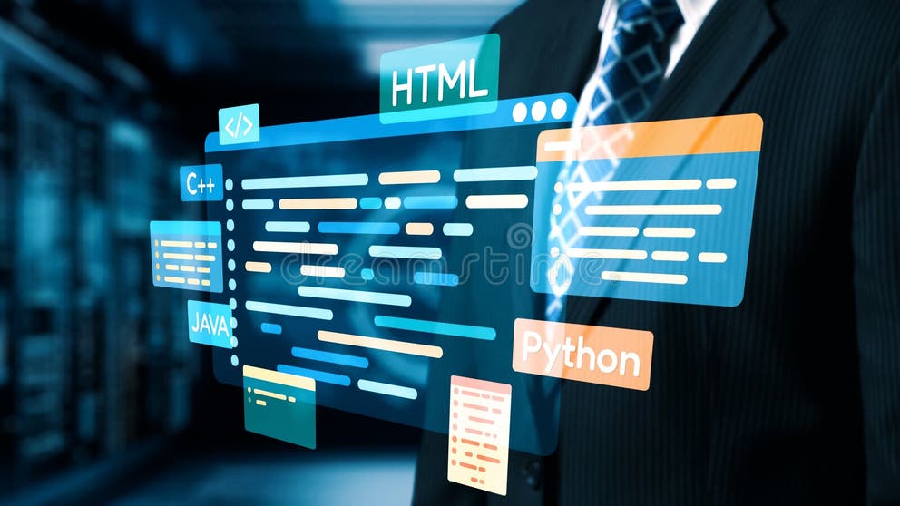 Businessman in Suit and Tie Interacting with Digital Programming Codes ...