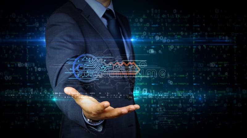 Businessman Touch Screen with Cyber Brain Symbol Hologram Stock Image ...