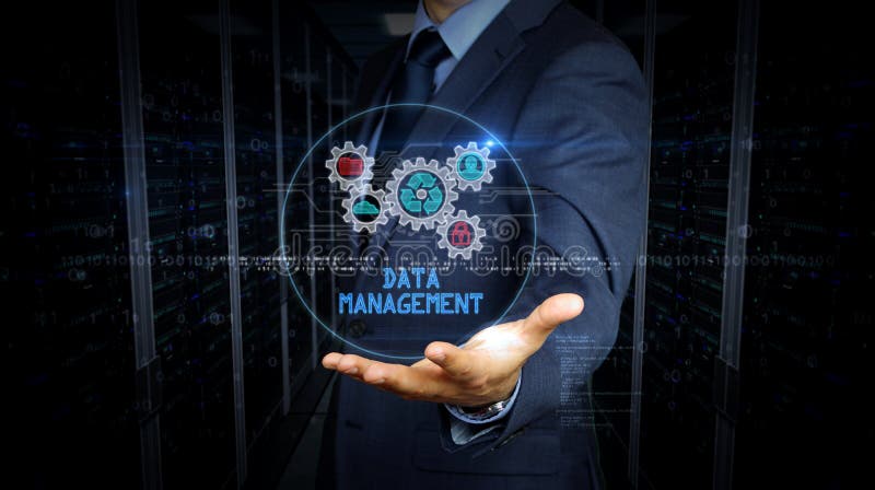 Businessman Touch Screen with Data Management Hologram Stock Image ...