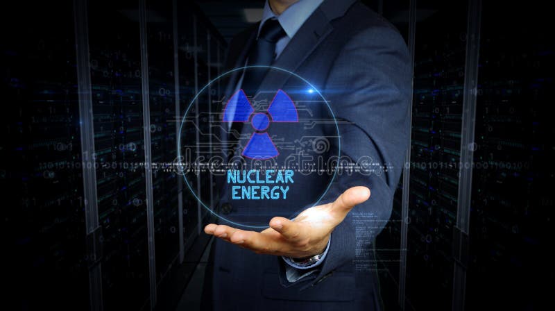 Businessman Touch Screen with Nuclear Energy Symbol Hologram Stock ...