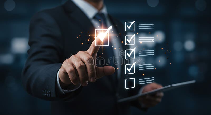 Businessman Completing Digital Checklist on Interactive Touchscreen ...