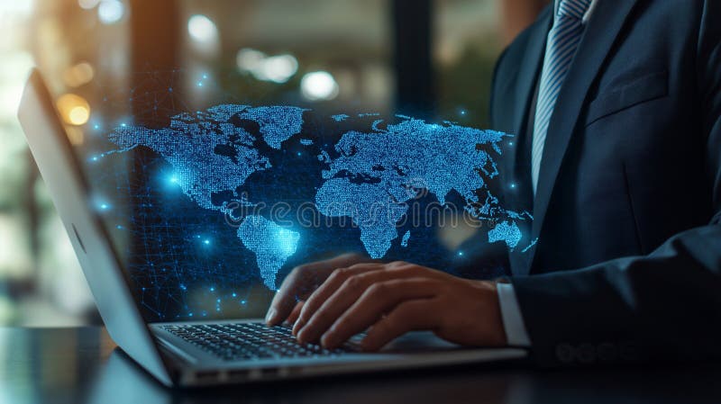 Businessman in Suit is Using Laptop with Digital World Map Displayed on ...