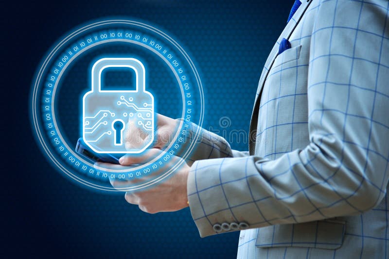 Businessman in Suit Using Mobile Phone with Digital Lock Interface ...