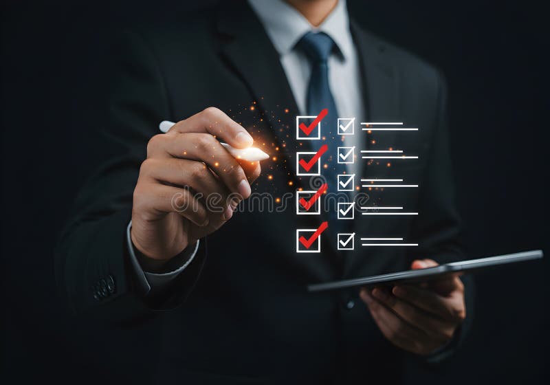 Business Man Checking Digital Checklist on Tablet for Project Management and Task Completion ...