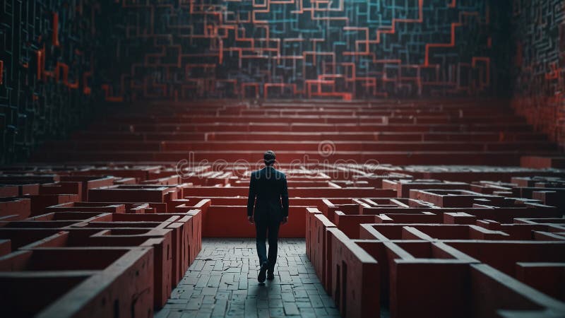 Businessman in a Suit Walking through a Large, Complex Maze with Red ...
