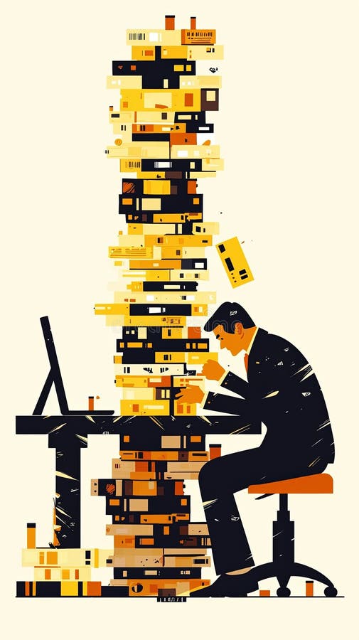 Businessman Surrounded by Tall Stack of Files Examining Documents Stock ...