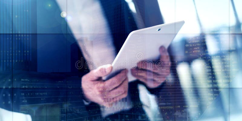 Businessman with Tablet, Light Effect, Double Exposure, Geometri Stock ...