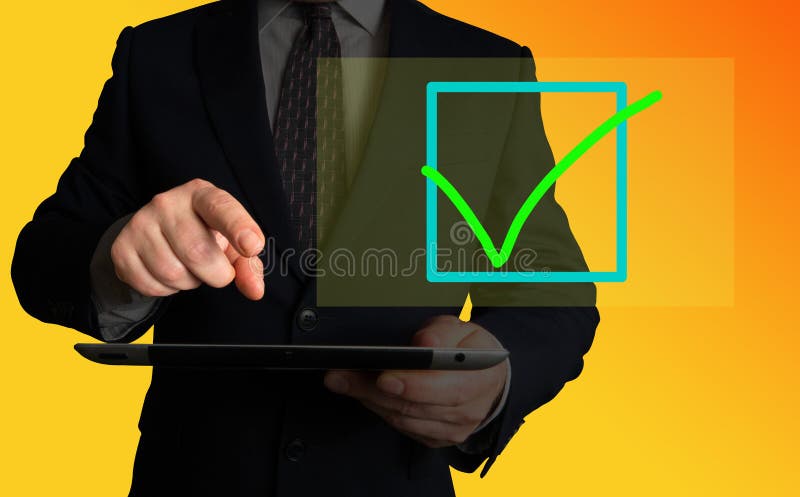 Businessman with a Tablet and a Screen Showing a Ticked Checkbox. Stock ... Businessman with a Tablet and a Screen Showing a Ticked Checkbox. Stock ...